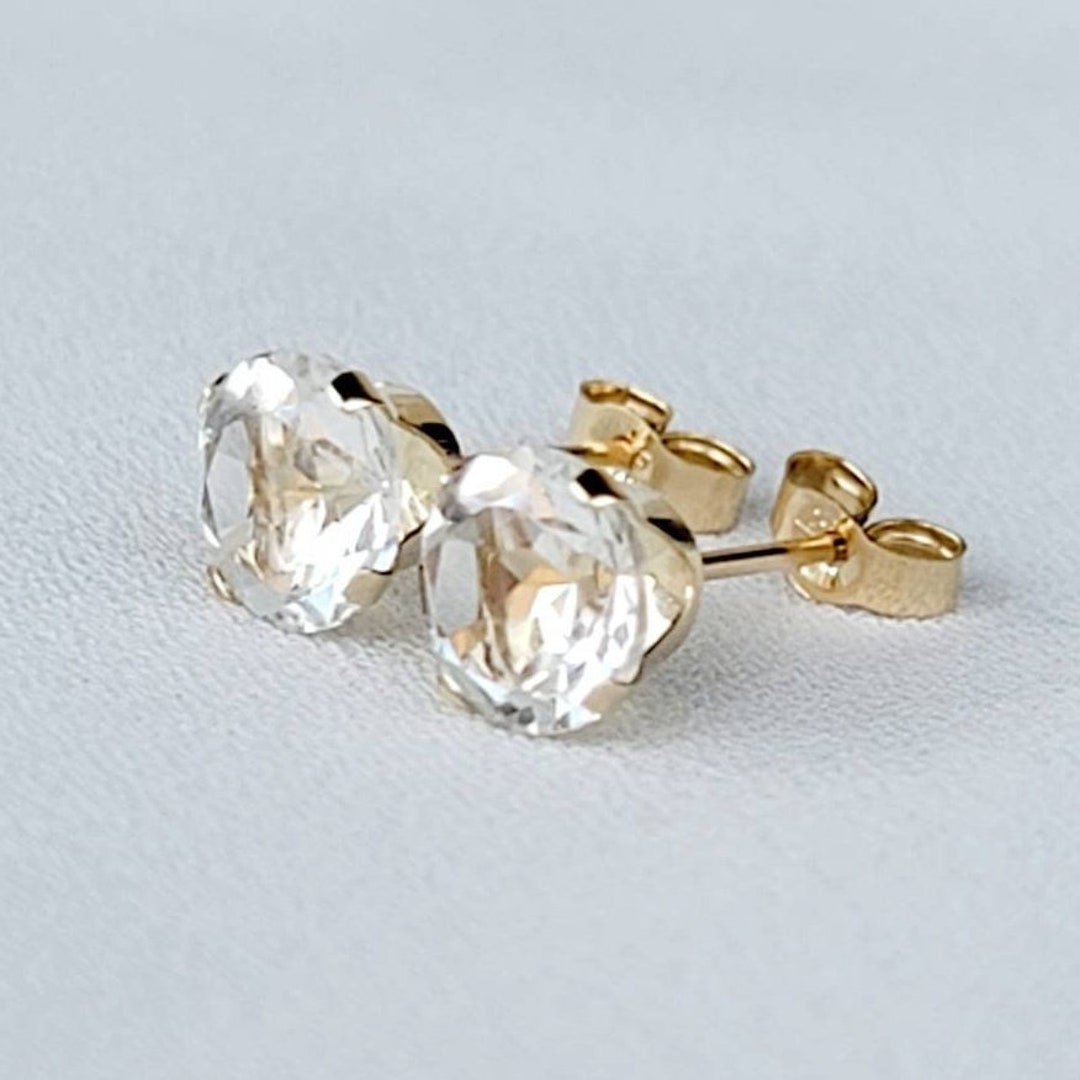 14k SOLID Gold White Topaz Stud Earrings - 14k Gold Filled Genuine ...