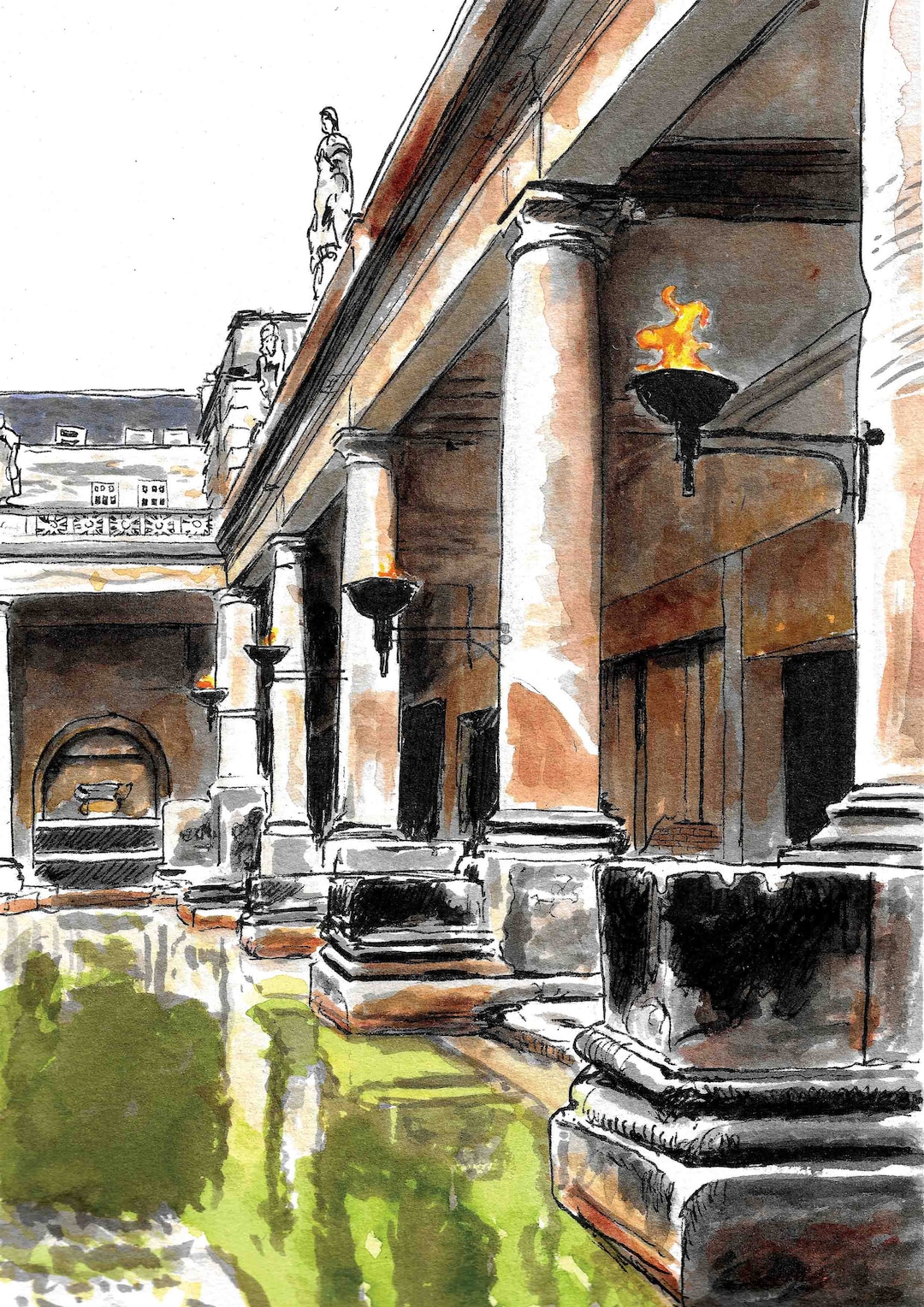 The Roman Baths in the City of Bath, England, Watercolour Illustration ...