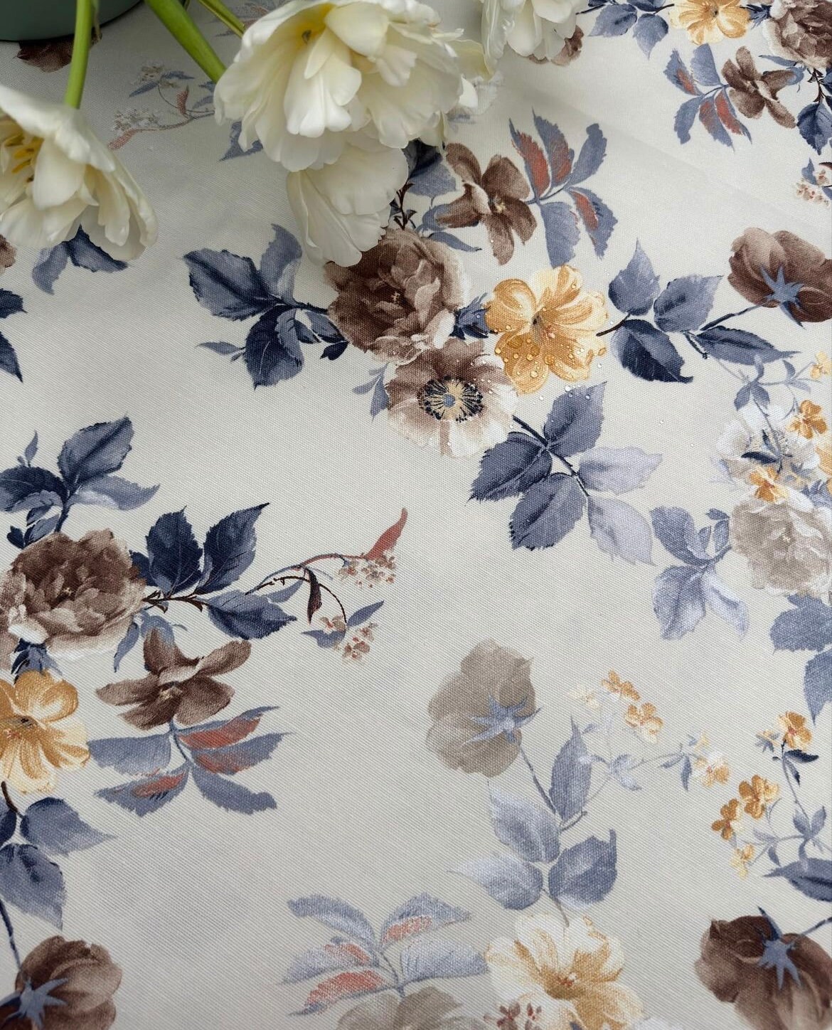 Waterproof Tablecloth With Teflon Floral Gray-blue Print. Table Setting ...