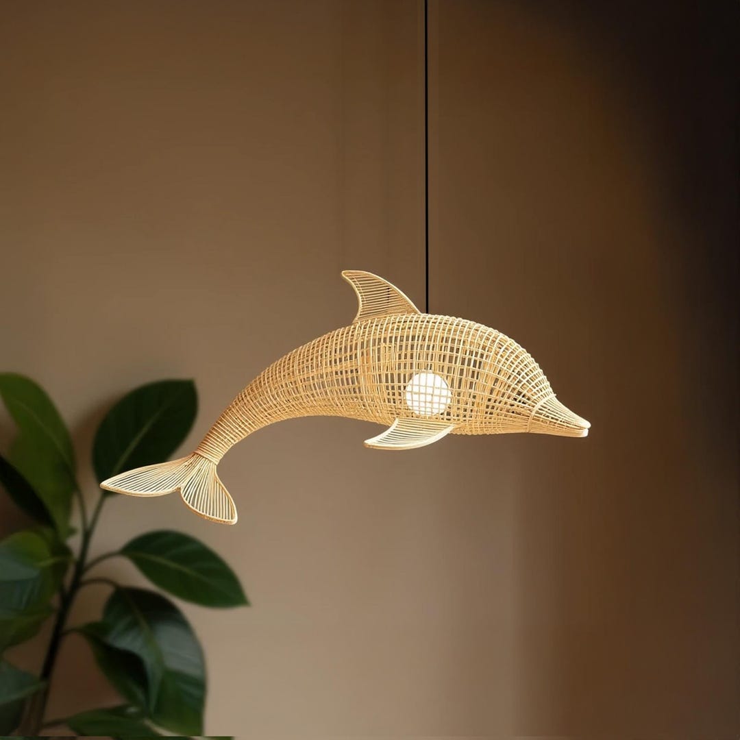 Dolphin Lamp Rattan Fish Pendant Light Wicker Hanging Bamboo Fish ...
