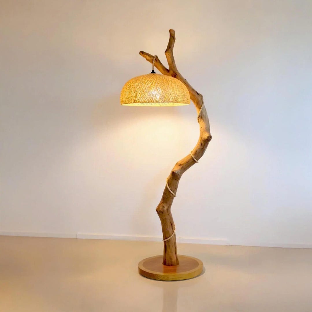 Driftwood Tree Branch Floor Lamp Wood Rustic Wood Standing Lamp Rattan ...