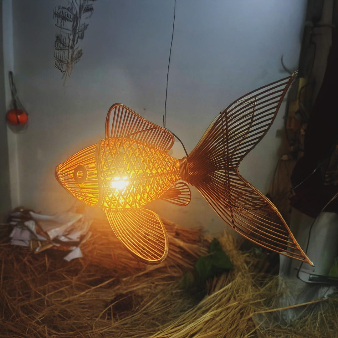 Fish Chandelier Rattan Fish Pendant Light Wicker Hanging Bamboo Black ...