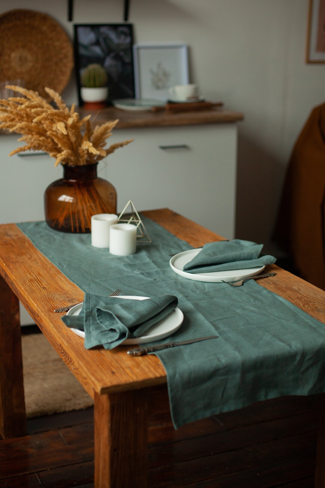 Natural Linen Table Runner, Cadet Blue Wedding Decor - Etsy