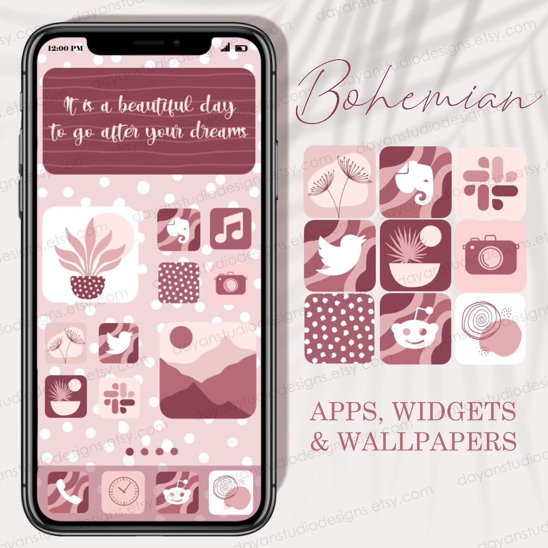 Boho Pink Ios App Icons Ios 18 Home Screen Customization Pack, iPhone ...