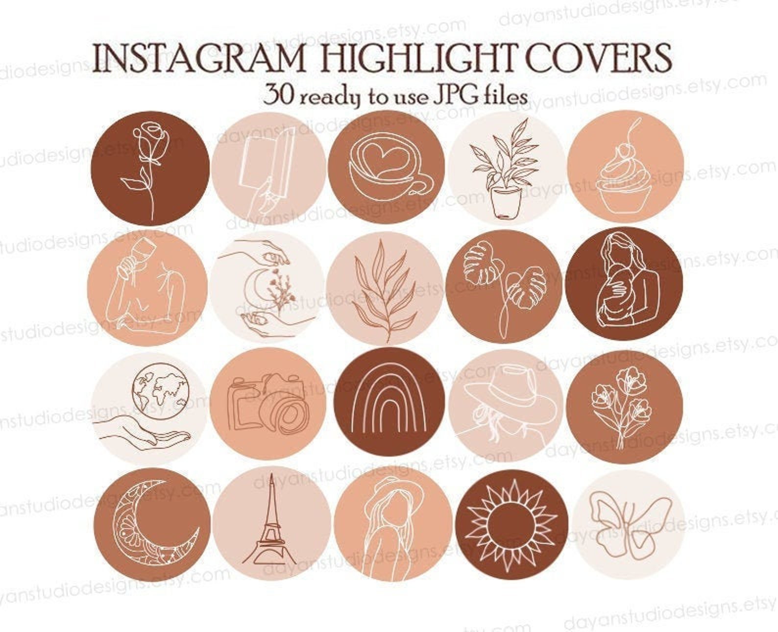 Minimalist Instagram Highlight Covers, Line Art Highlight Icons, Cream ...