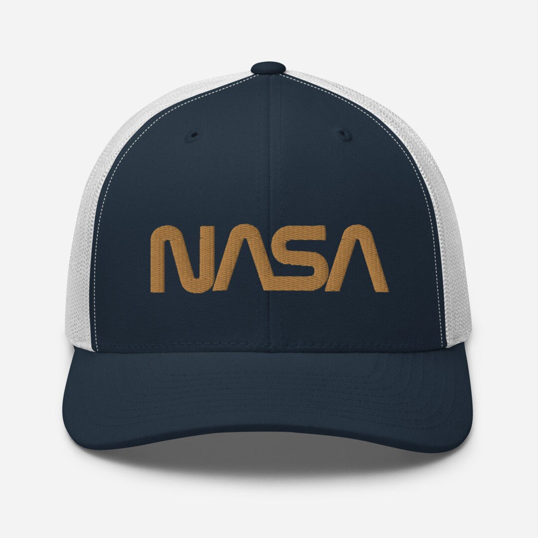 NASA Cap, Gold NASA Trucker Cap, Mesh Trucker Cap, Gold NASA on Blue ...