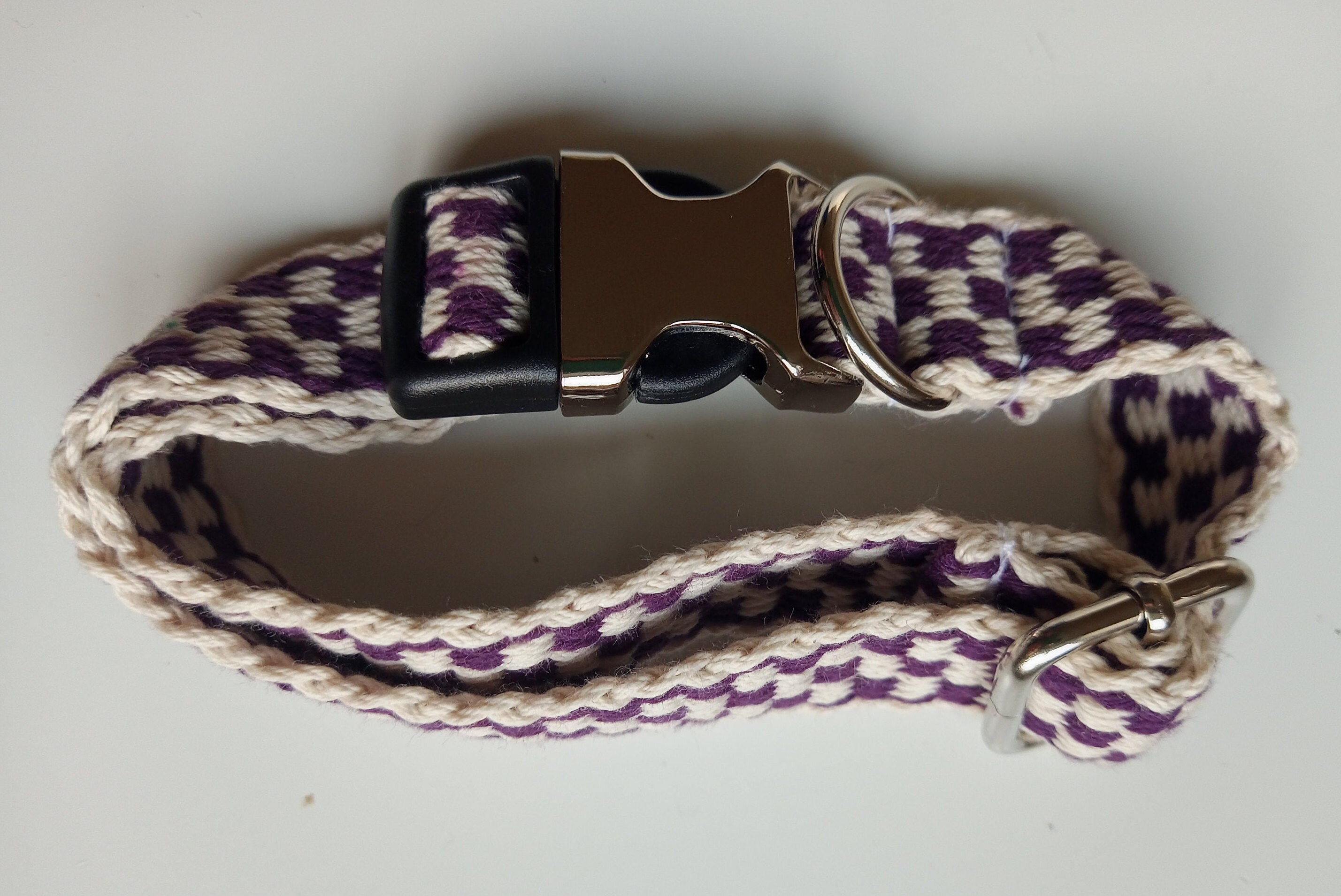 Handwoven Dog Collar Cotton. Handmade in UK, Pet Puppy Purple Check ...