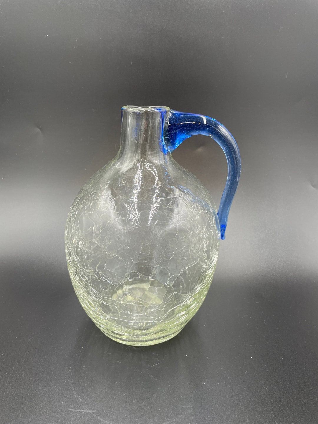 Vintage Blenko Glass Handblown Clear Crackle Glass Jug With Blue ...