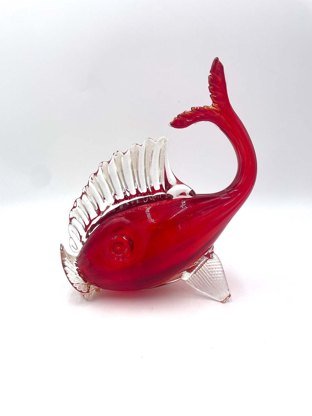 Vintage Murano Style Handblown Glass Red Optic Art Glass Fish With Gold ...