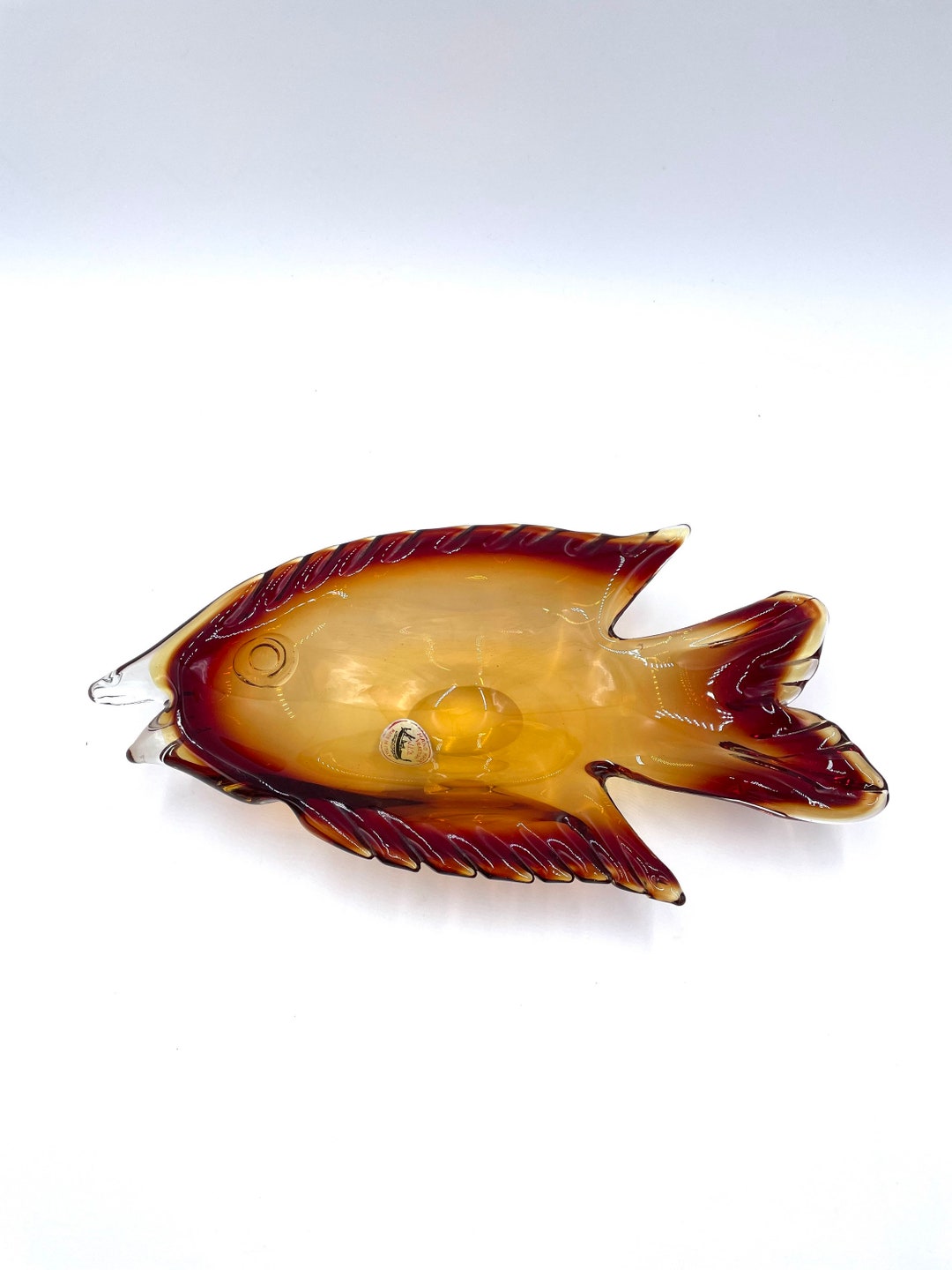 Vintage Venetian Jico Italian Handblown Glass Amber & Red Fish Shallow ...