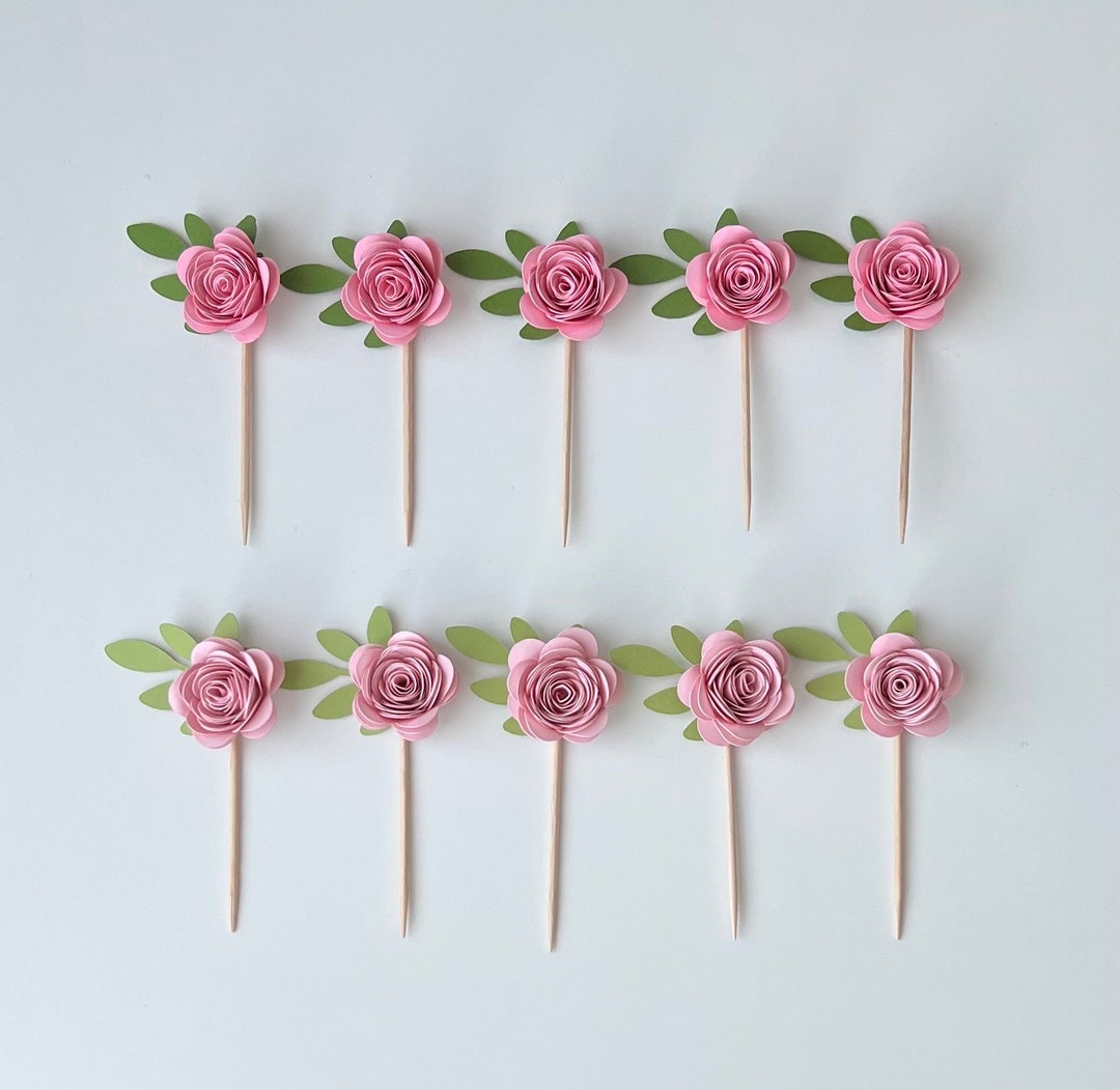 Rose Cupcake Toppers, Pink Mini Roses Cupcake Toppers, Flower Toppers ...