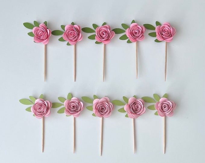 Rose Cupcake Toppers, Pink Mini Roses Cupcake Toppers, Flower Toppers ...