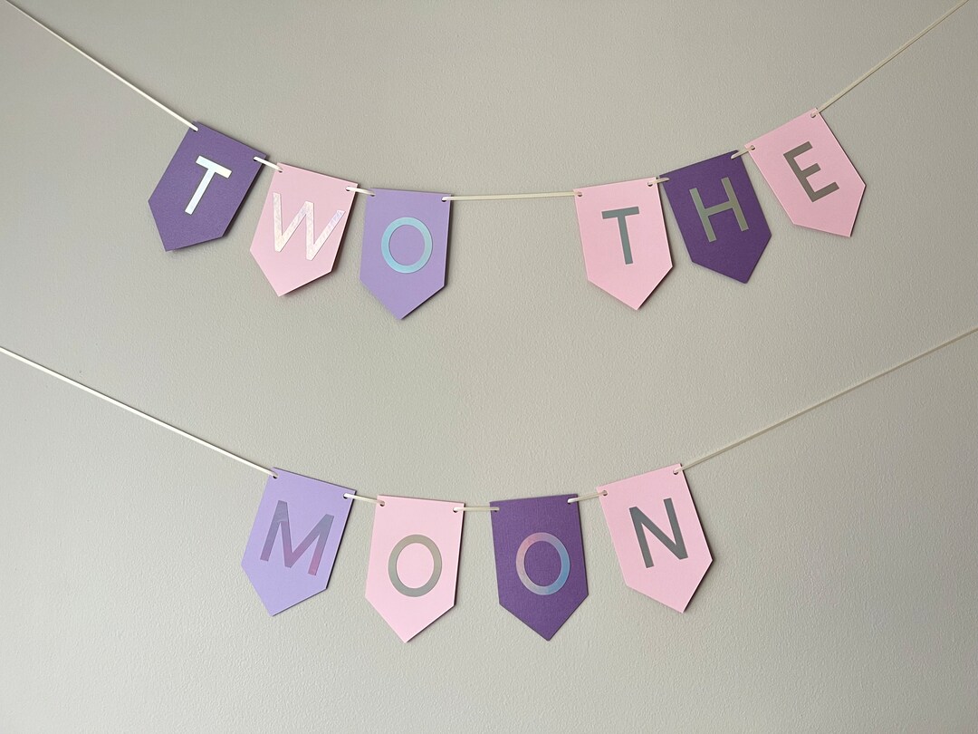 Two the Moon Banner, Happy Birthday Banner, Girl Purple and Pink ...