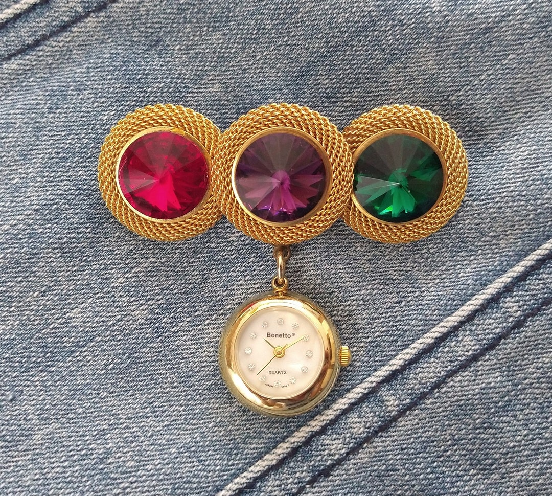 BONETTO Watch Brooch Gold Tone Rivoli Rhinestones Mother of Pearl Watch ...