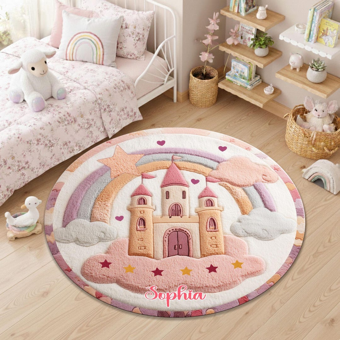 Custom Name Princess Castle Rug for Kids Bedroom, Pastel Rainbow Fairy ...