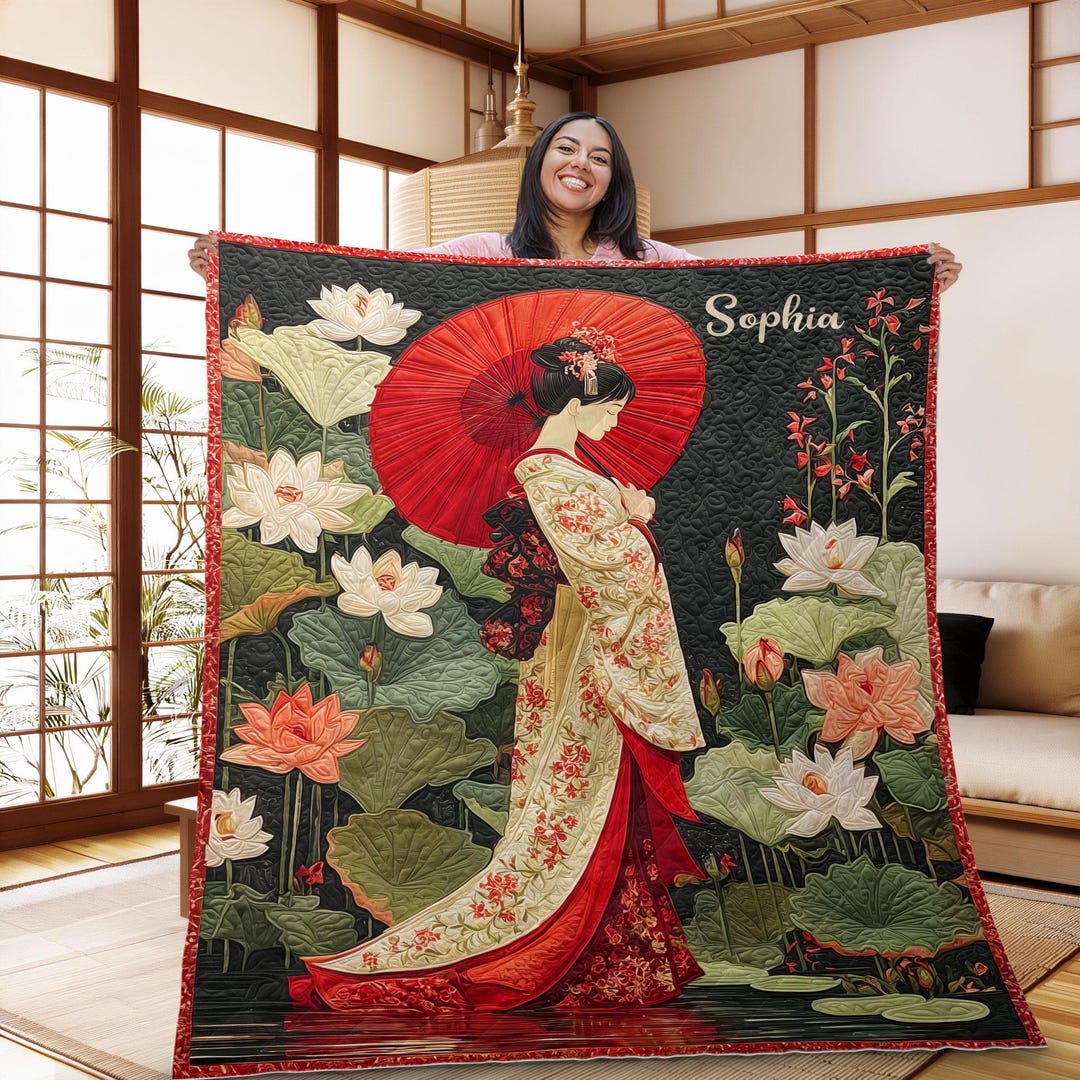 Personalized Oriental Geisha Quilt Blanket, Lotus Flower Japanese Art ...