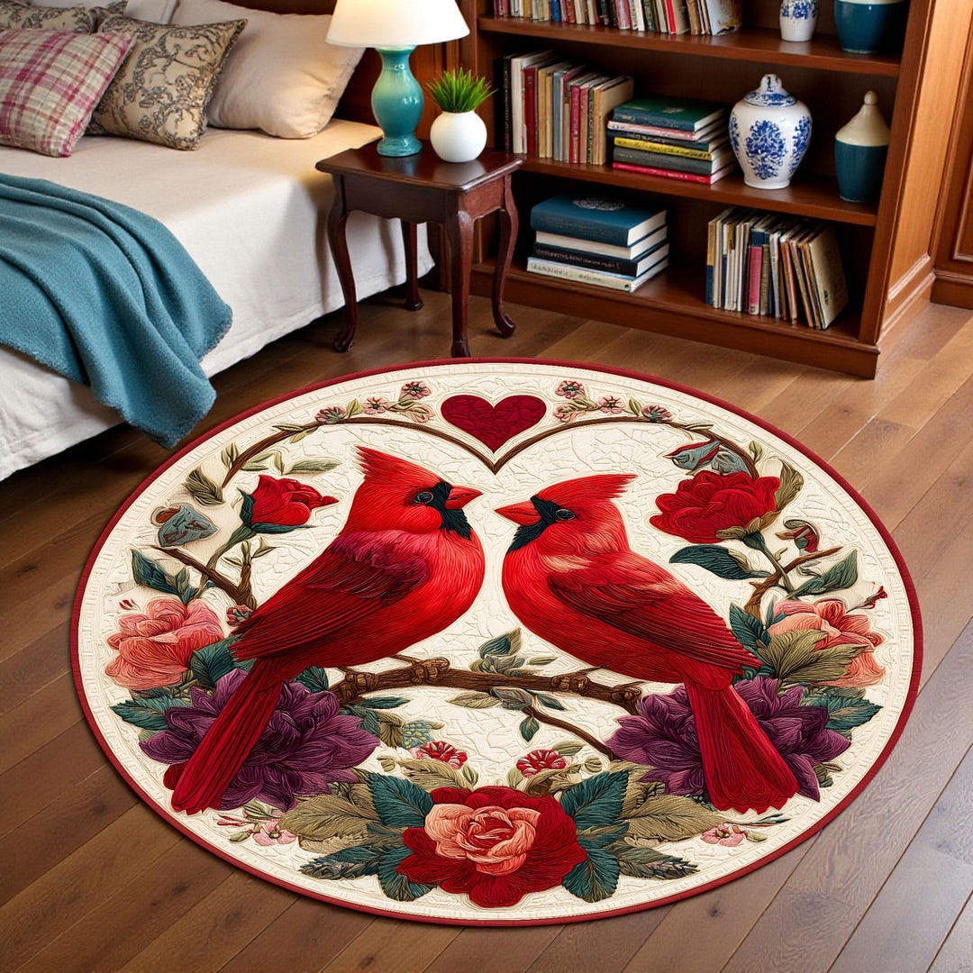 Romantic Red Cardinal Bird Round Rug, Valentine’s Day Home Decor Floor ...