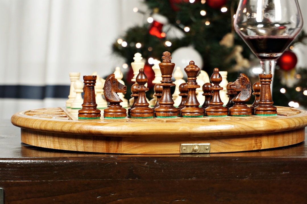 Personalized Round Wooden Chess Set 13,5, Perfect Birthday Gift, Free ...