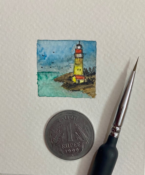 Micro Size Painting of Lighthouse Seashore/ Original Tiny | Etsy