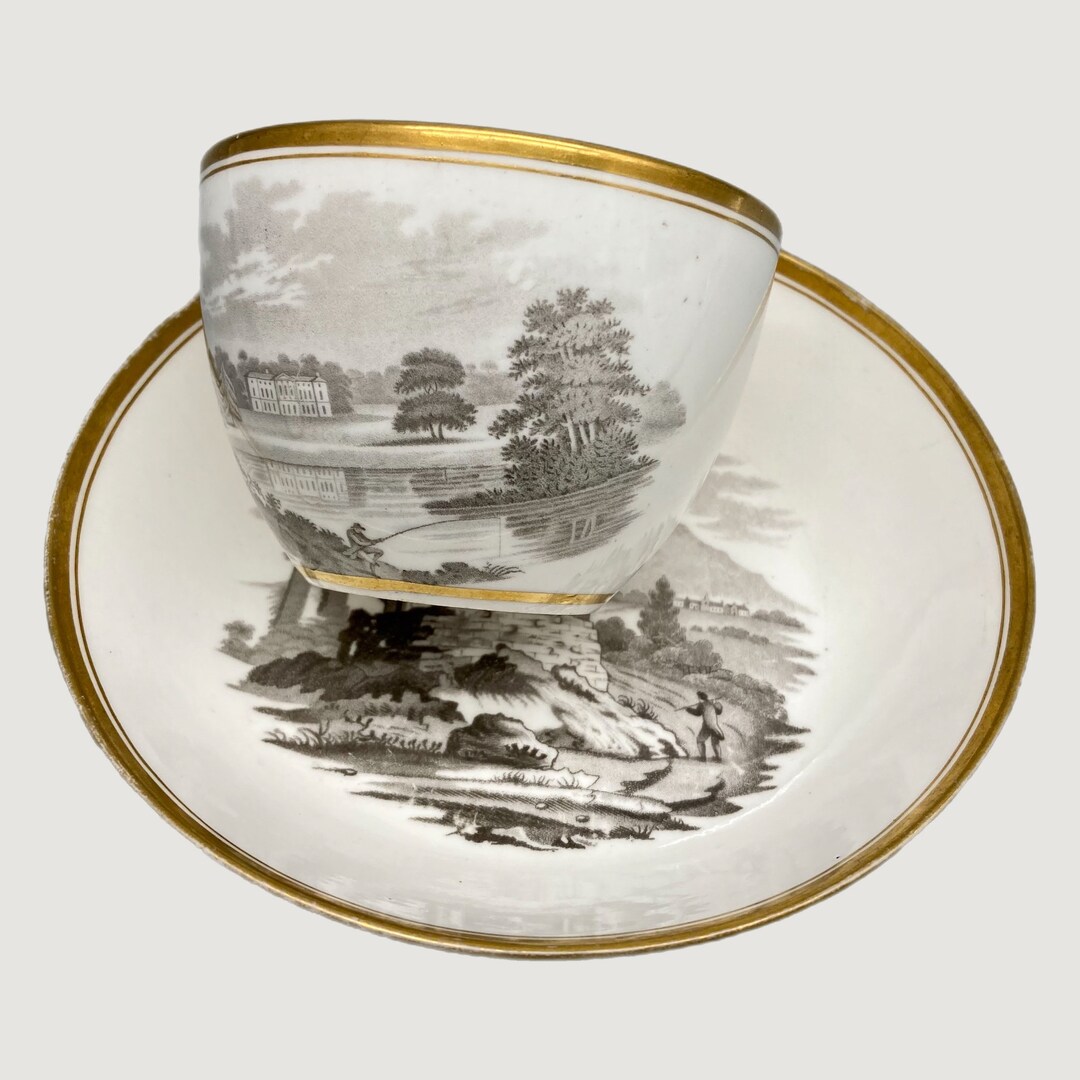 Early Spode Bat Printed Teacup & Saucer, Landscape Pattern 557, C.1810 ...
