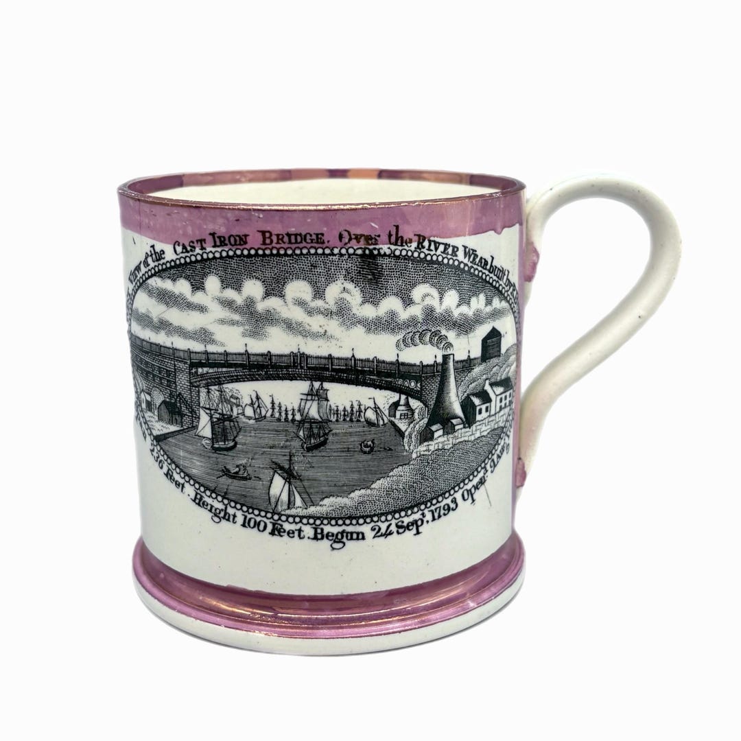 Antique Sunderland Pink Lustre Pottery Mug, West View of the Cast Iron ...