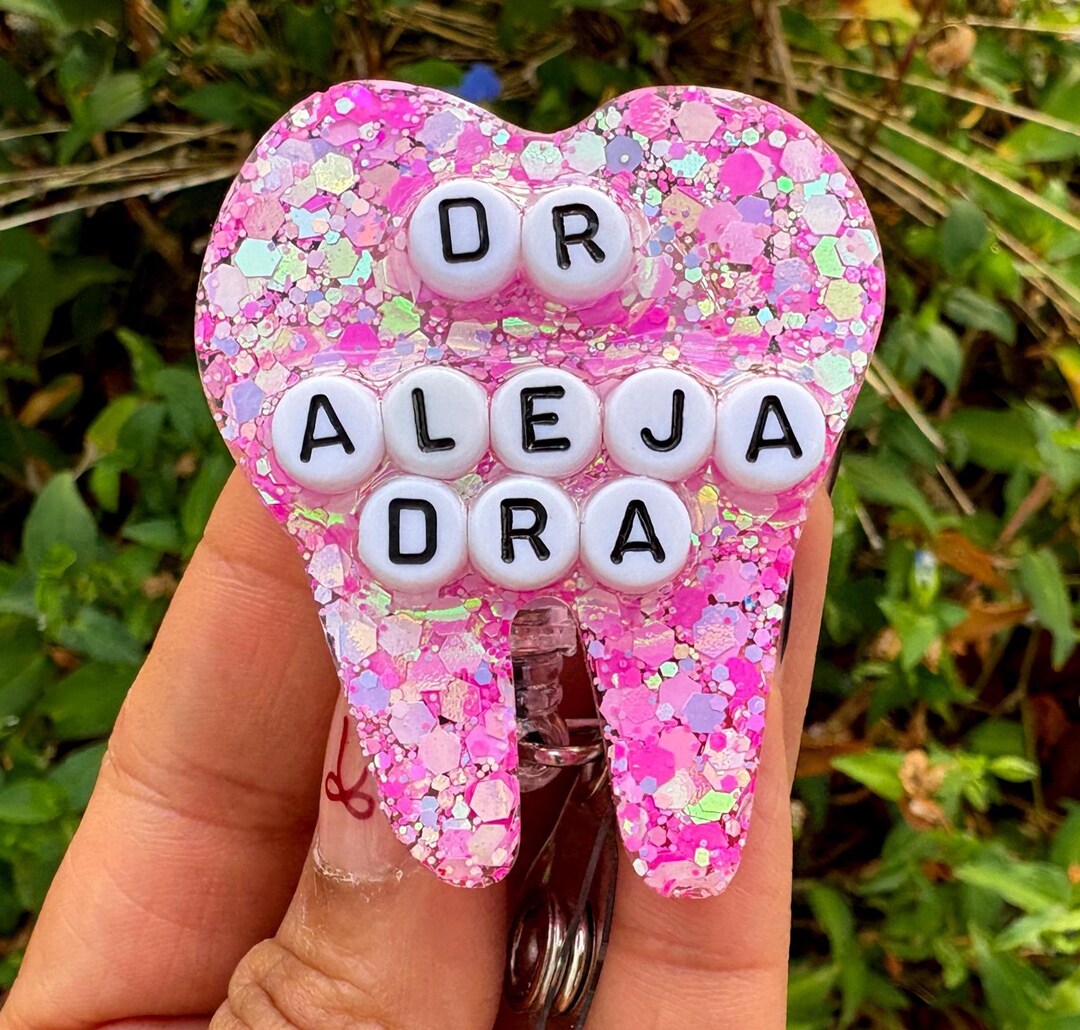 Personalized Sparkle Tooth Badge Reel: Confetti Glitter Dental ID ...