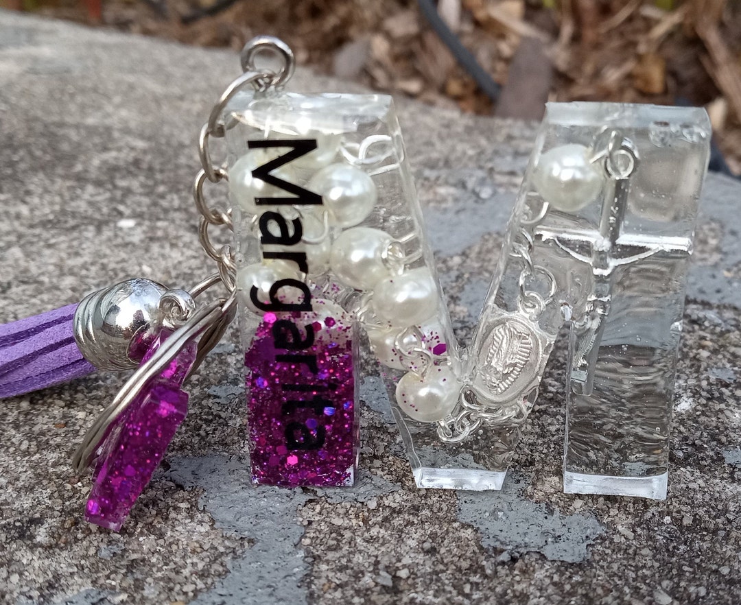 Personalized Custom Resin Letter Keychain With Embedded Rosary ...