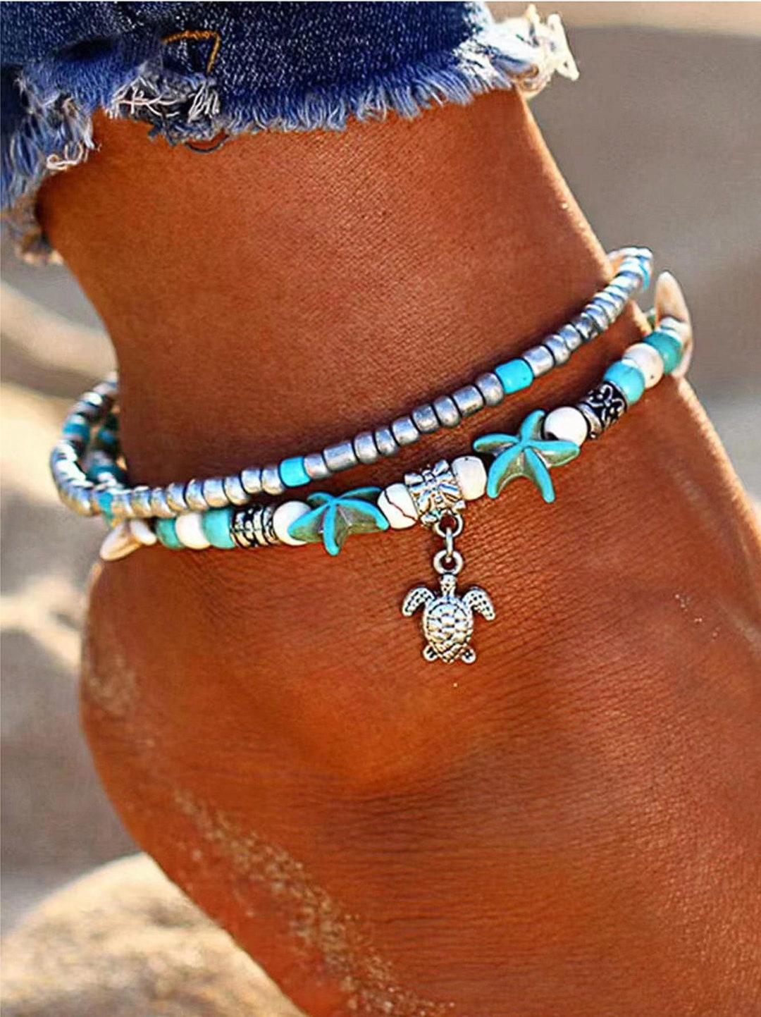 Boho Turtle and Starfish Decor Beaded Layered Anklet, Beach Anklet, Sea ...