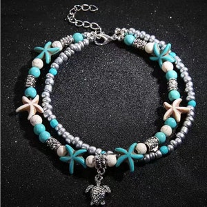Boho Turtle and Starfish Decor Beaded Layered Anklet, Beach Anklet, Sea ...