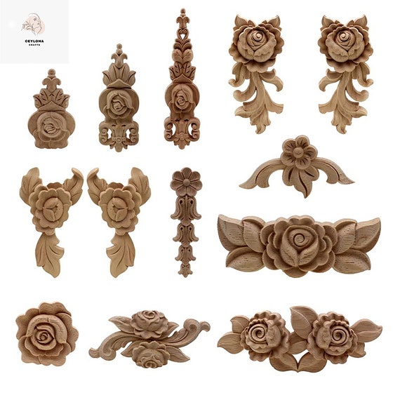 New Flower Wood Carving Natural Wood Appliques for Furniture - Etsy