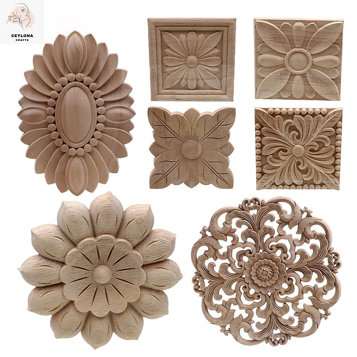 Flower Carving Natural Wood Applique Only Wood Carved - Etsy