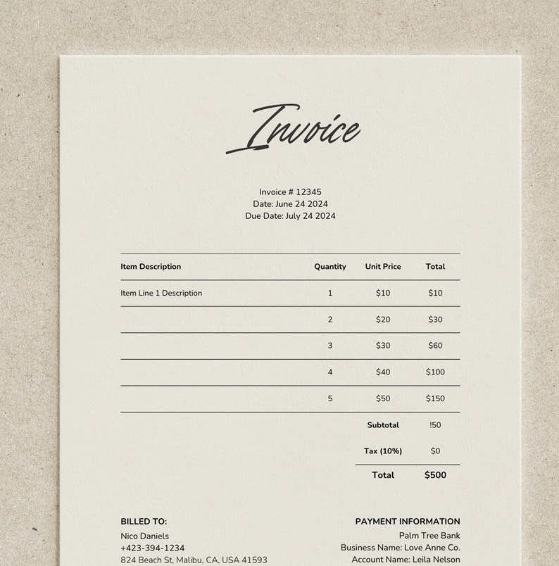 Minimalist Invoice Template, Editable Custom Order Form (instant ...