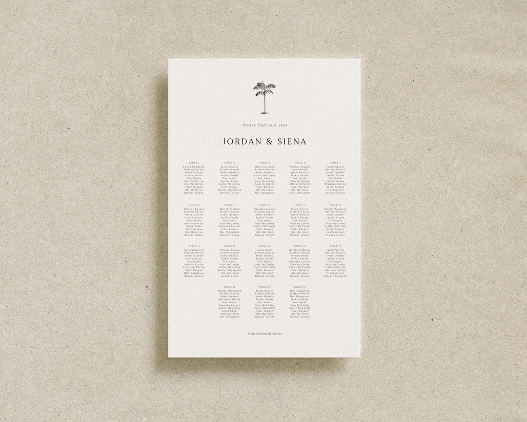 Palm Tree Seating Chart, Palm Tree Ceremony Program, Palm Tree Welcome ...