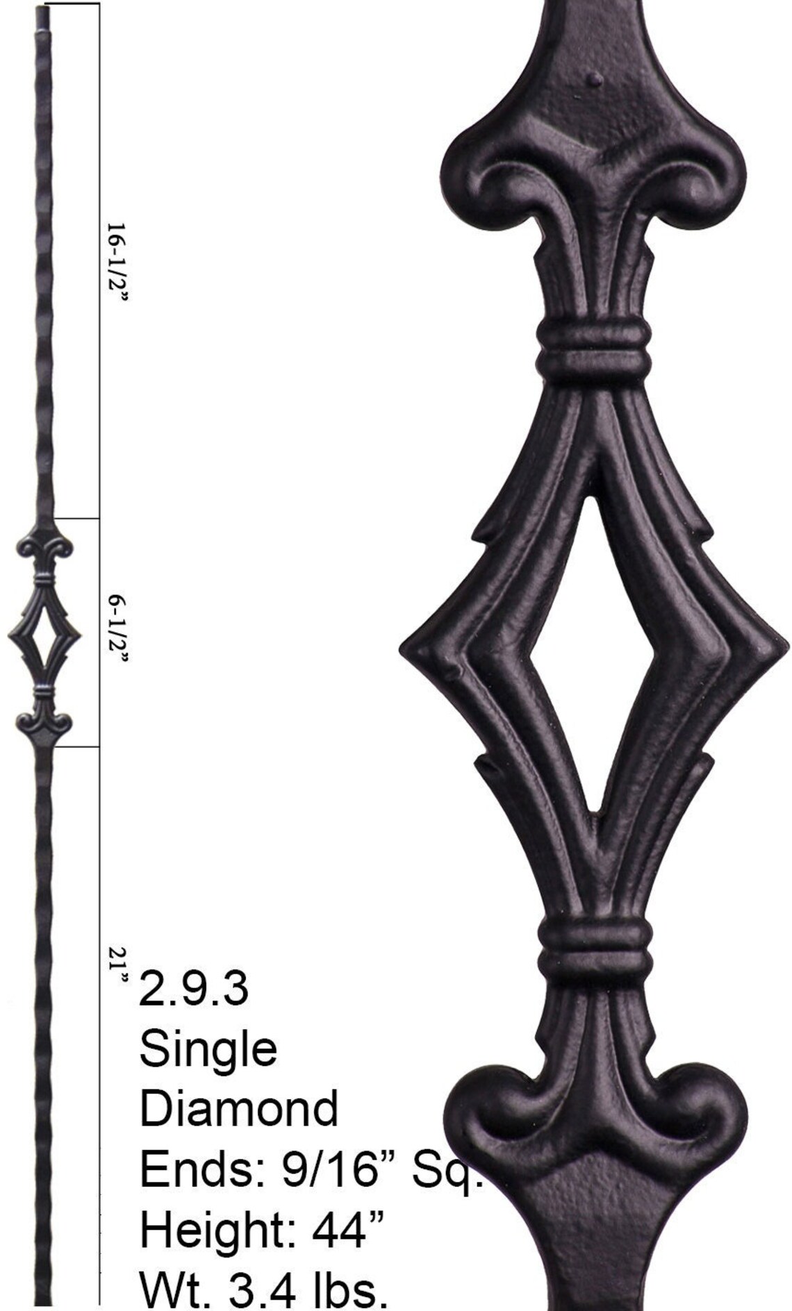 Satin Black 2.9.3 Single Diamond Square Hammered Solid Iron Baluster ...