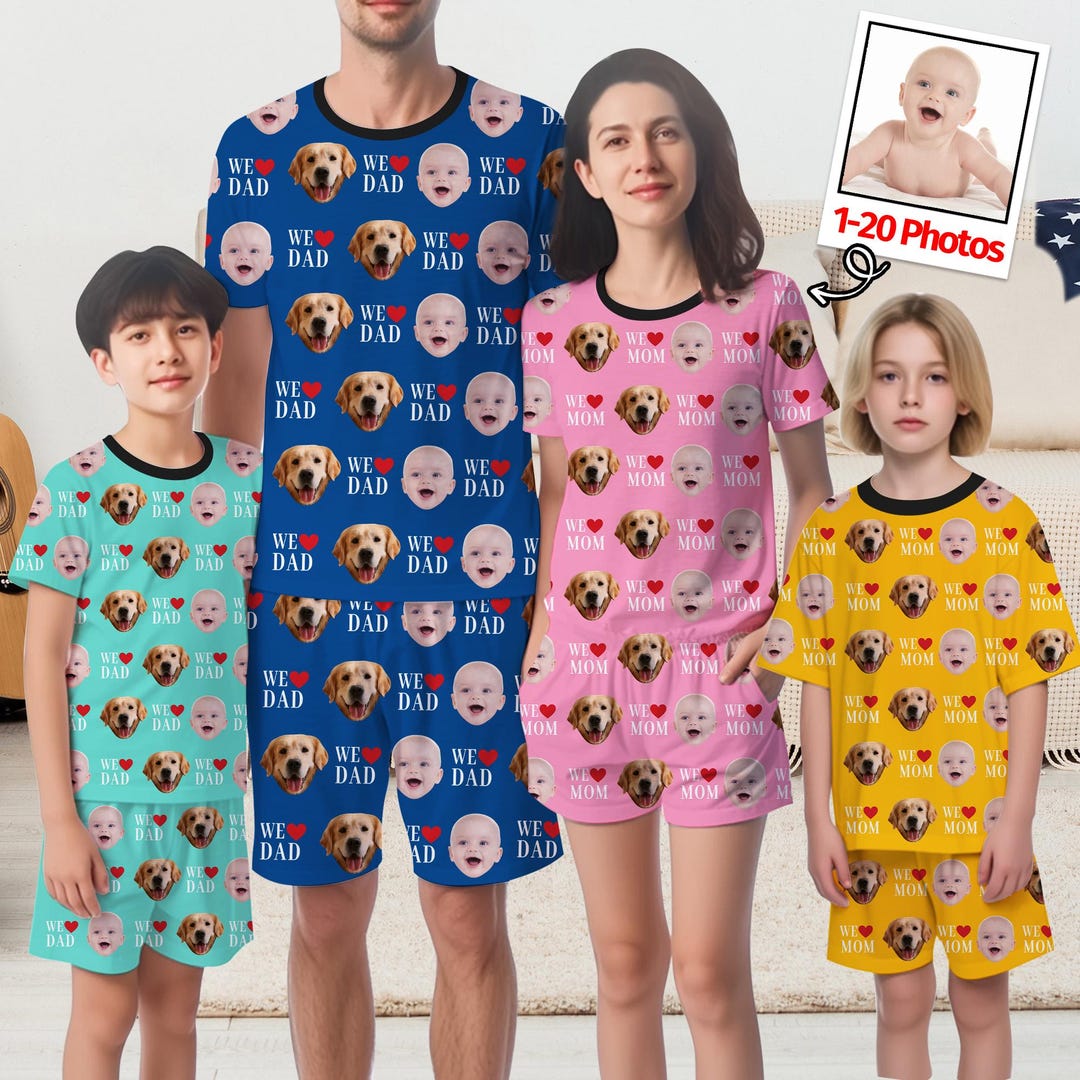 Custom Family Pajamas Set,text Pajamas,dog/baby Face on Pajamas,custom ...