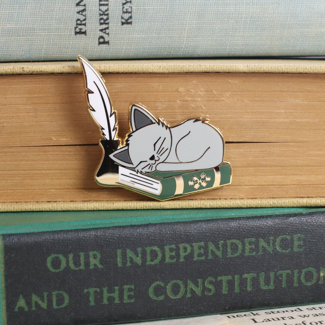 Sleepy Grey Book Cat Hard Enamel Pin - Etsy