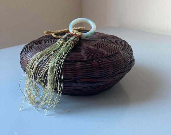 Vintage Chinese Sewing Basket Decorate With Coin, Stone Ring, and Silk ...