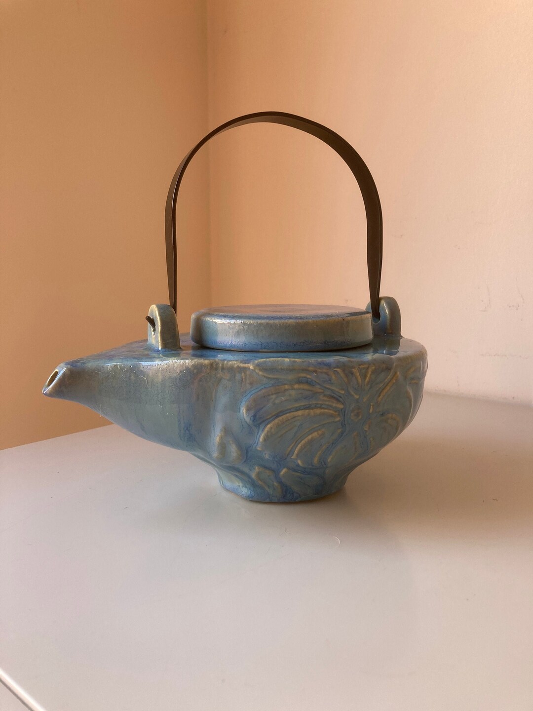 Vintage Bombay China Company Teapot - Blue-green Embossed Floral Design ...