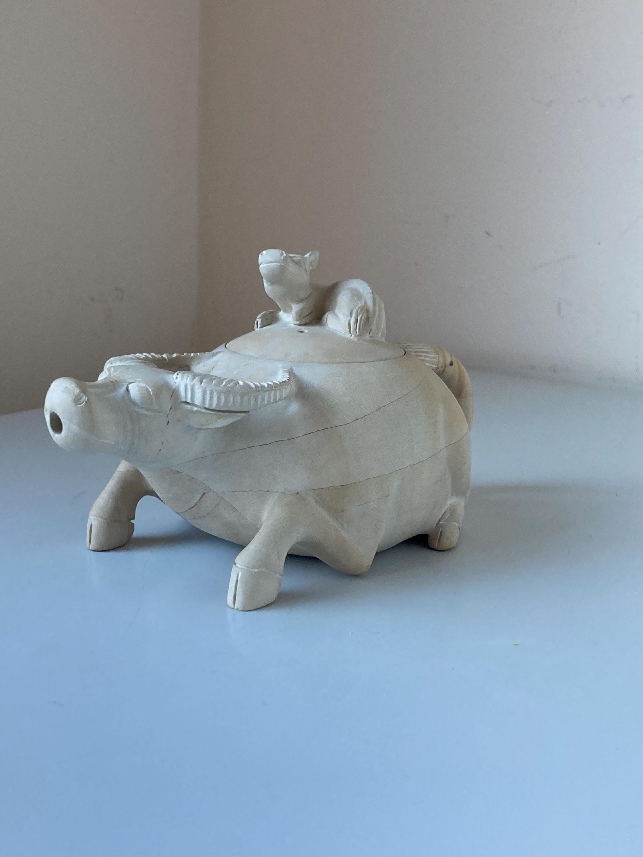 Carved Stone Teapot – Chinese Recumbent Buffalo Form With Lid and Spout ...