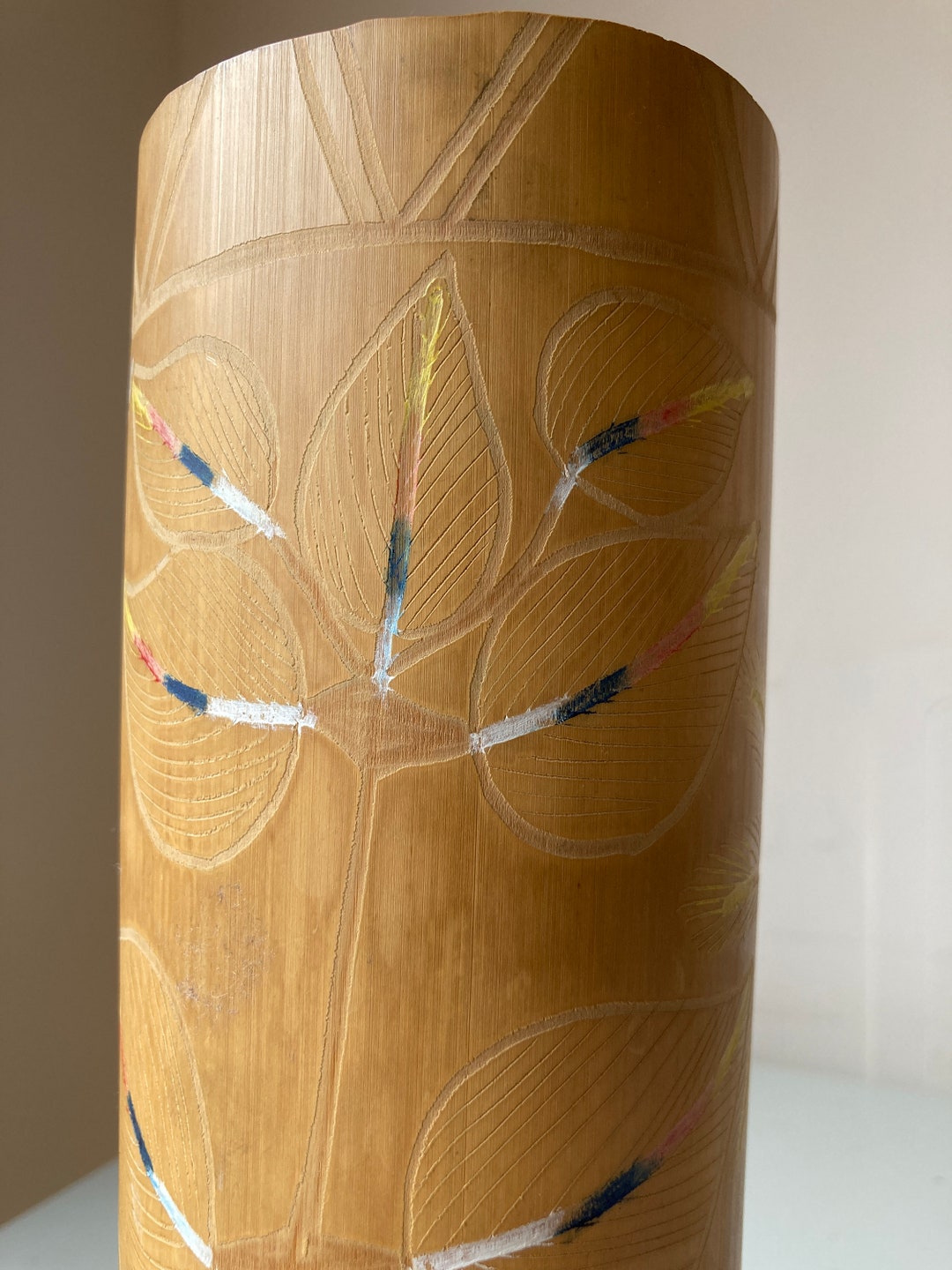 Vintage Natural Bamboo Cylinder Vase Etched and Painted Bird and Leaves ...