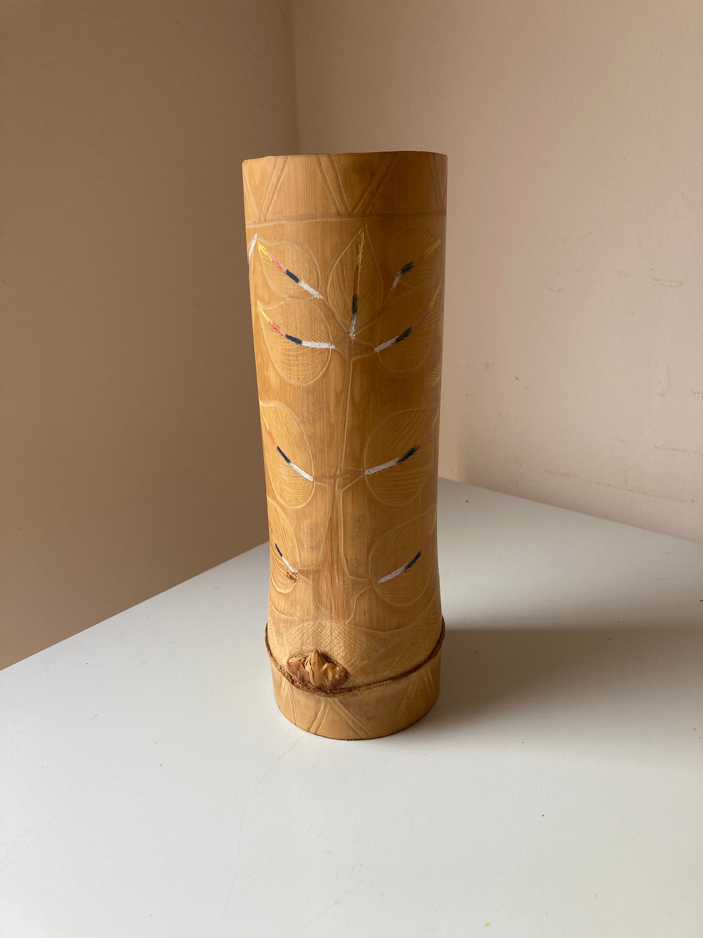 Vintage Natural Bamboo Cylinder Vase Etched and Painted Bird and Leaves ...