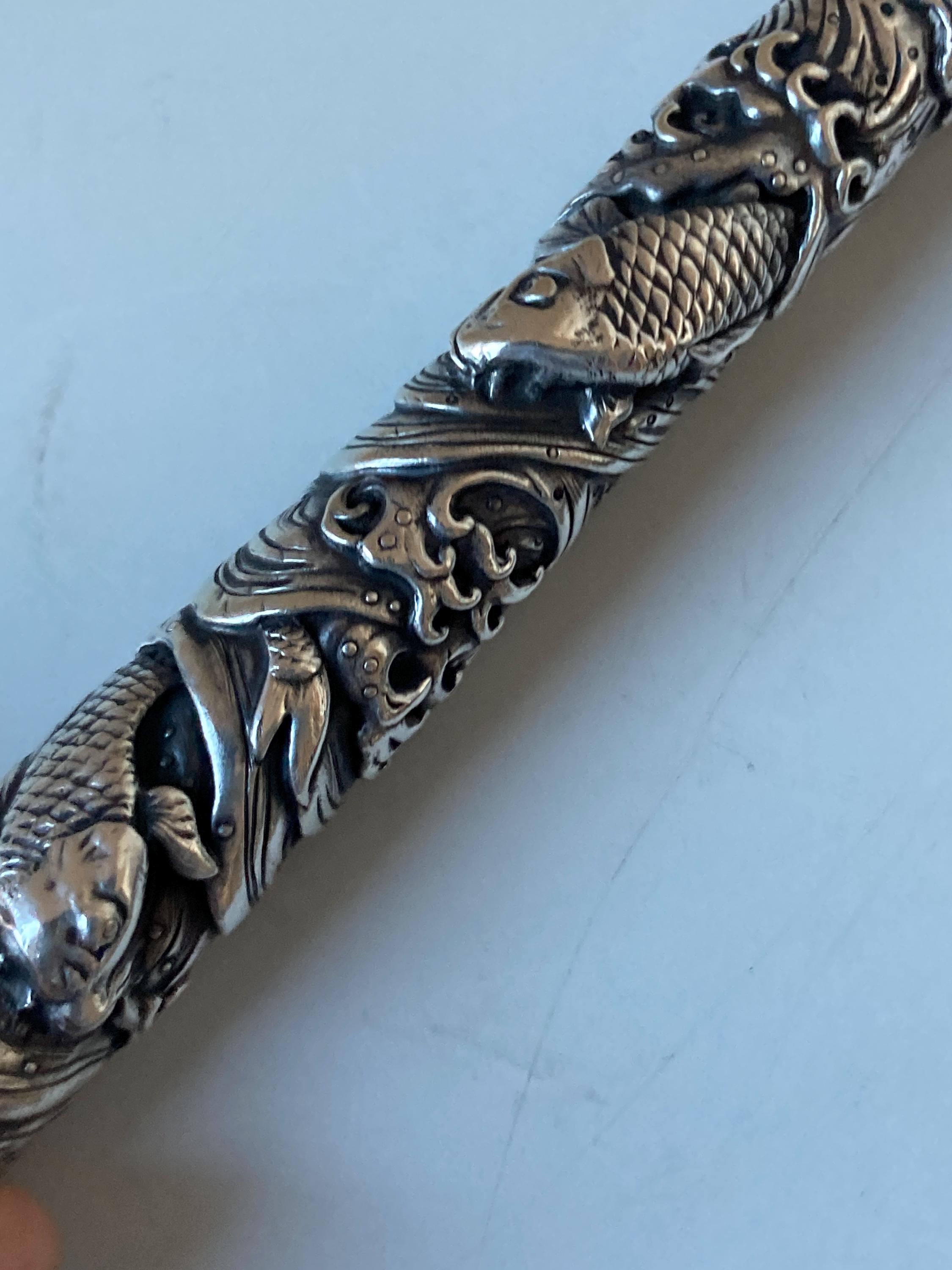 Antique Meiji Japanese Silver Parasol Handle, Koi & Waves Carved in ...