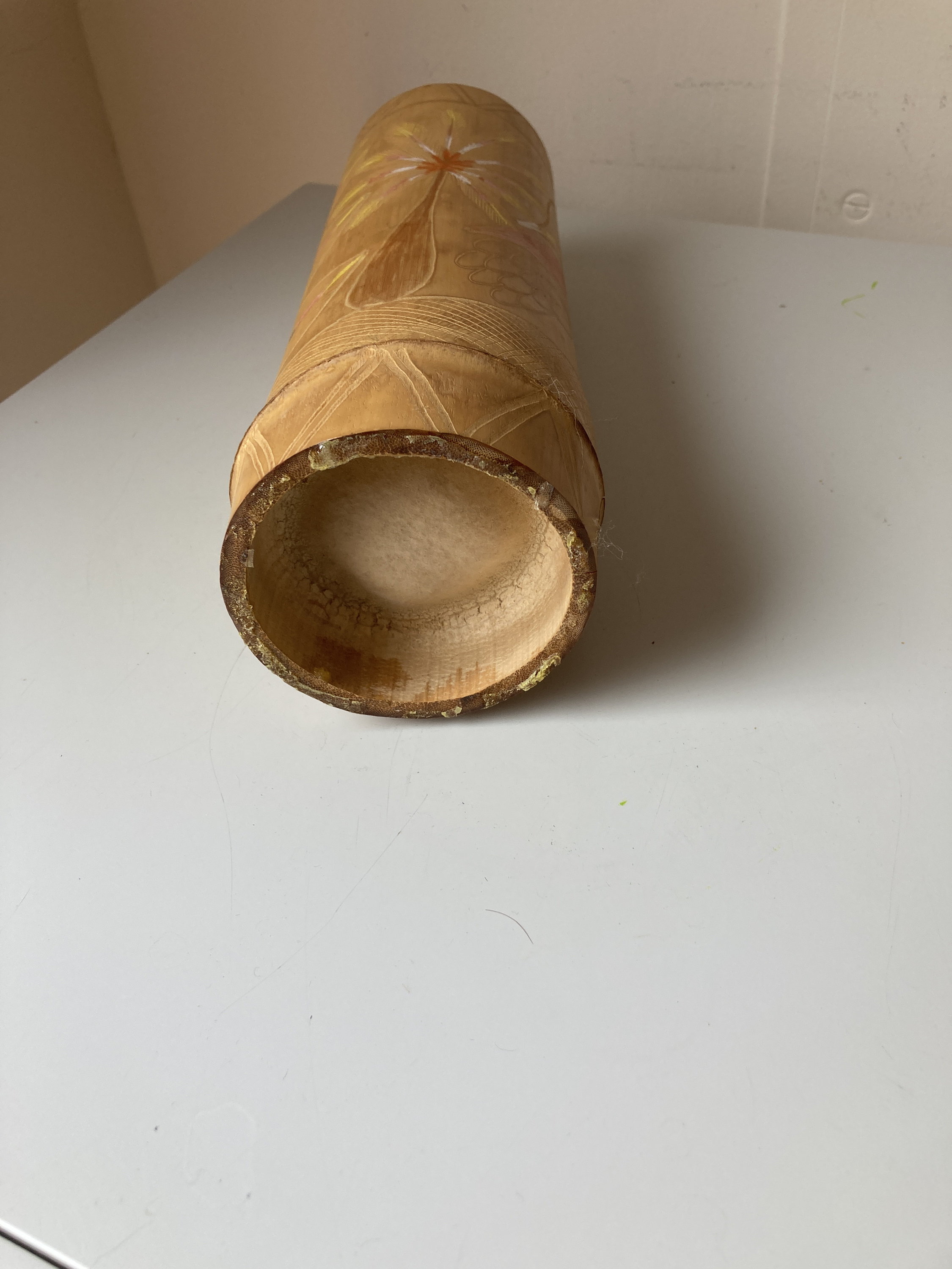 Vintage Natural Bamboo Cylinder Vase Etched and Painted Bird and Leaves ...