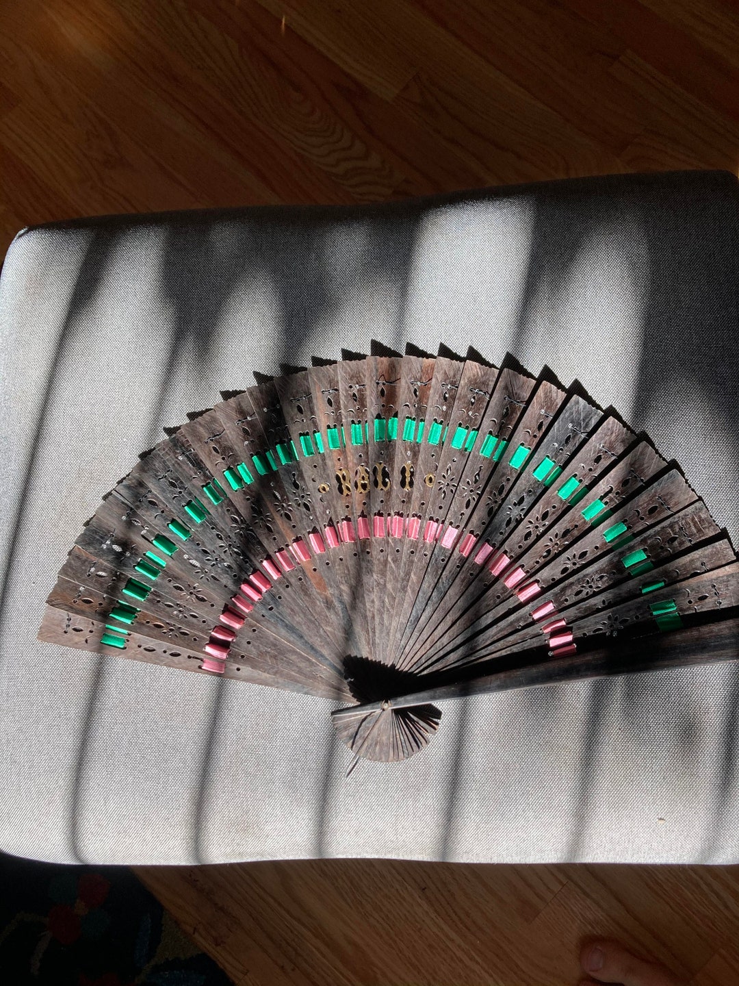 Vintage Bali Folding Fan – Brisé Style Carved Wood With Pink & Green ...