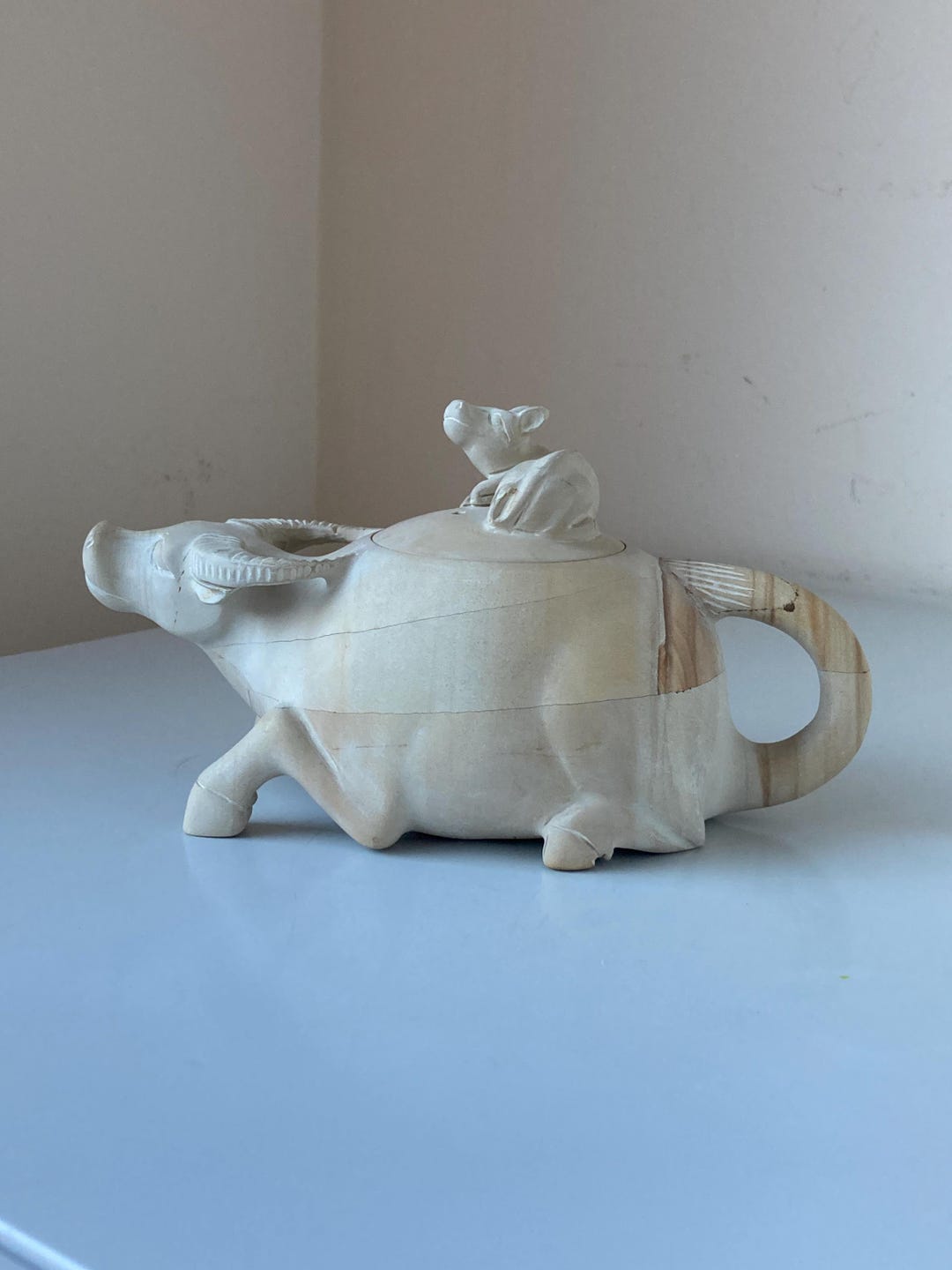 Carved Stone Teapot – Chinese Recumbent Buffalo Form With Lid and Spout ...