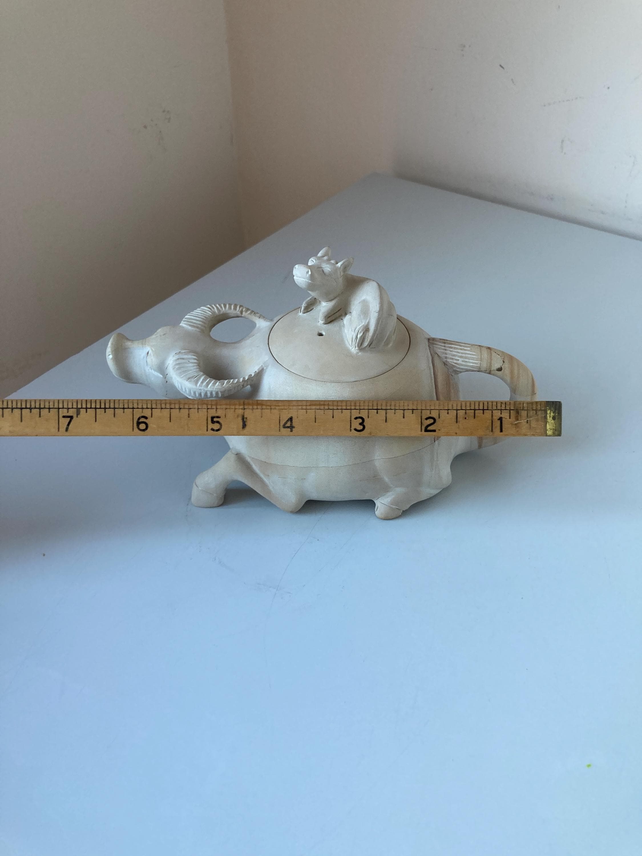 Carved Stone Teapot – Chinese Recumbent Buffalo Form With Lid and Spout ...