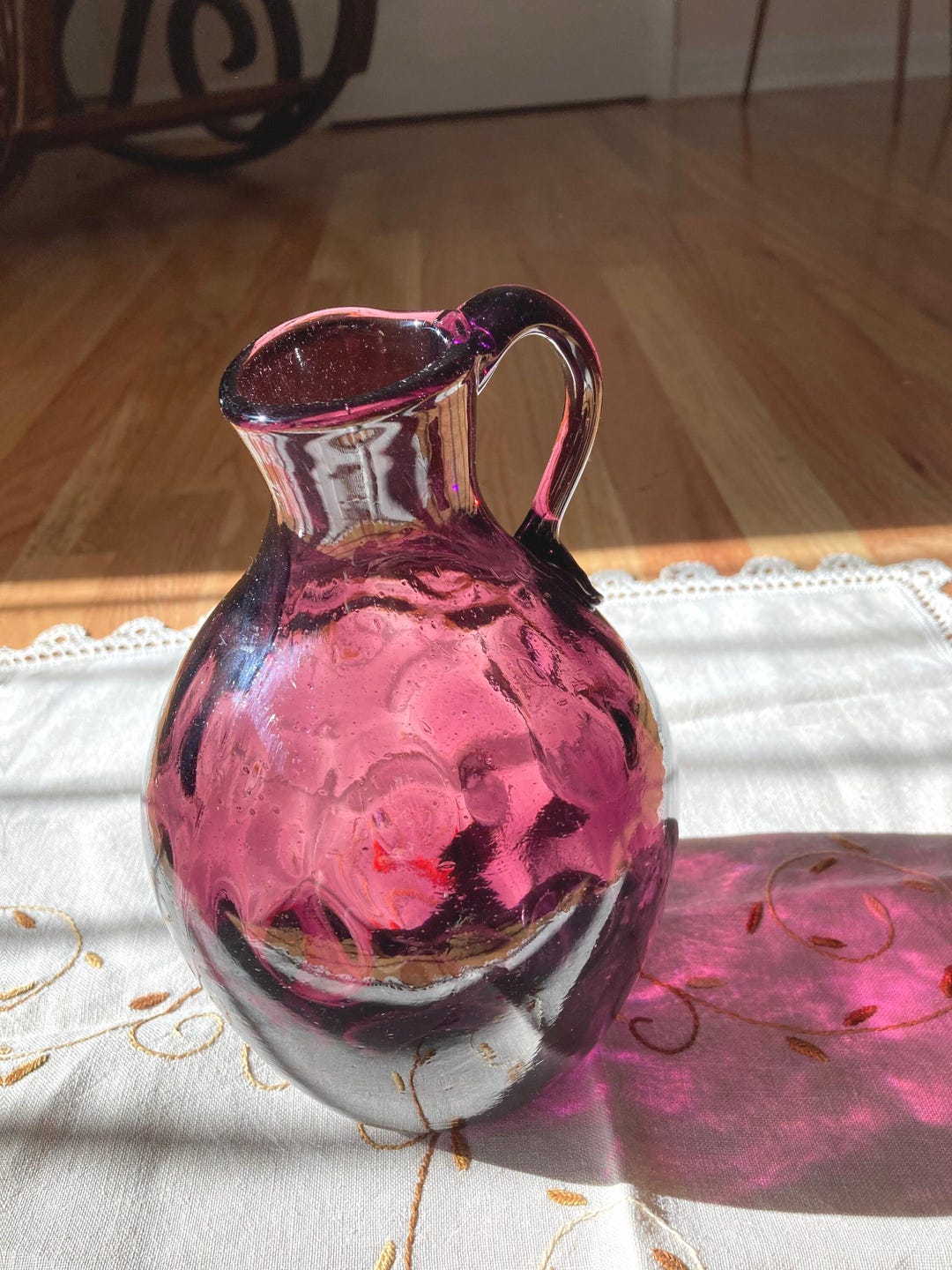 Vintage Hand Blown Purple Glass Pitcher – Thumbprint Pattern – Mid ...