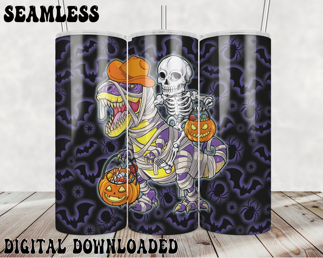 Skeleton Riding a Dinosaur Ghost Holding a Pumpkin Halloween Tumbler ...