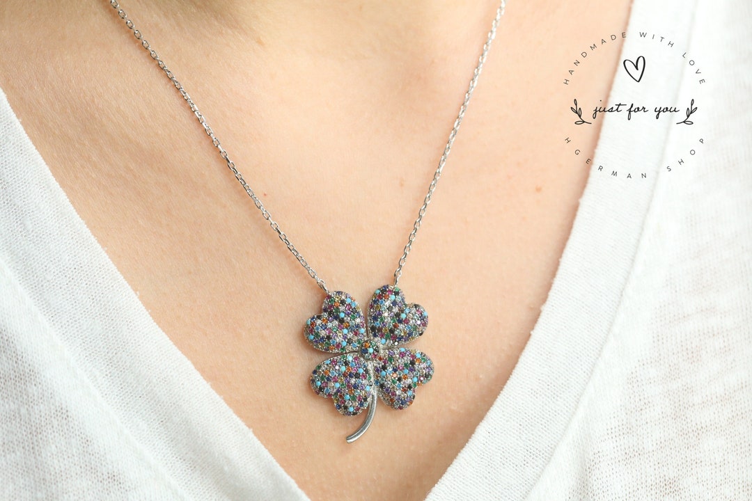 Four Leaf Clover Multi Stone Design Silver Necklace - Etsy