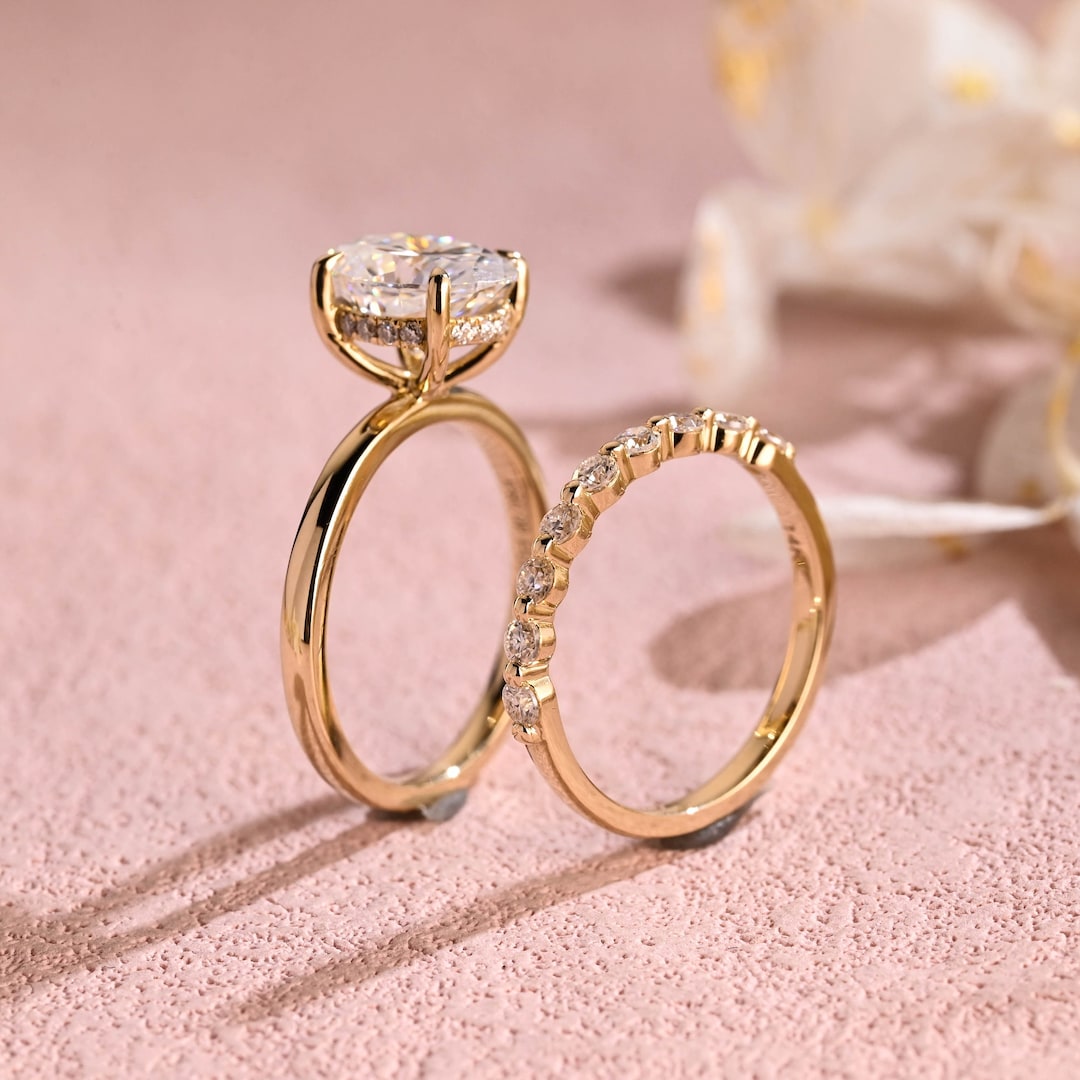 Oval Moissanite Engagement Ring Set Hidden Halo, Oval Wedding Ring Set ...